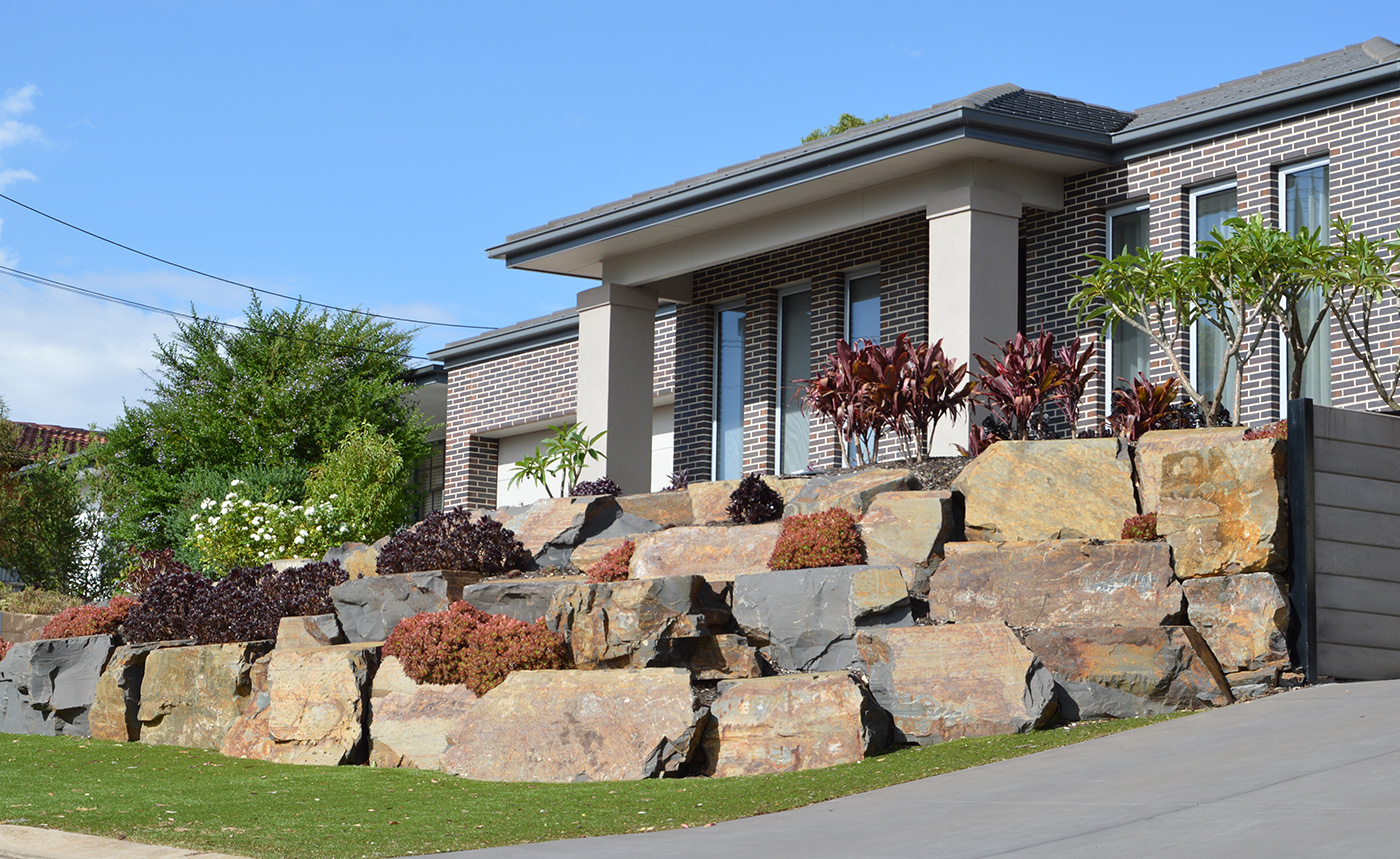 Adelaide Front Garden Bluestone Rock Retaining Walls